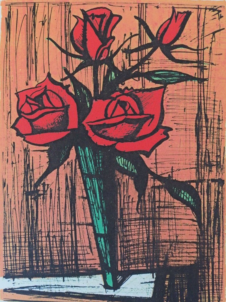 Bernard BUFFET - Roses dans un verre, Lithographie - Art Moderne - Plazzart