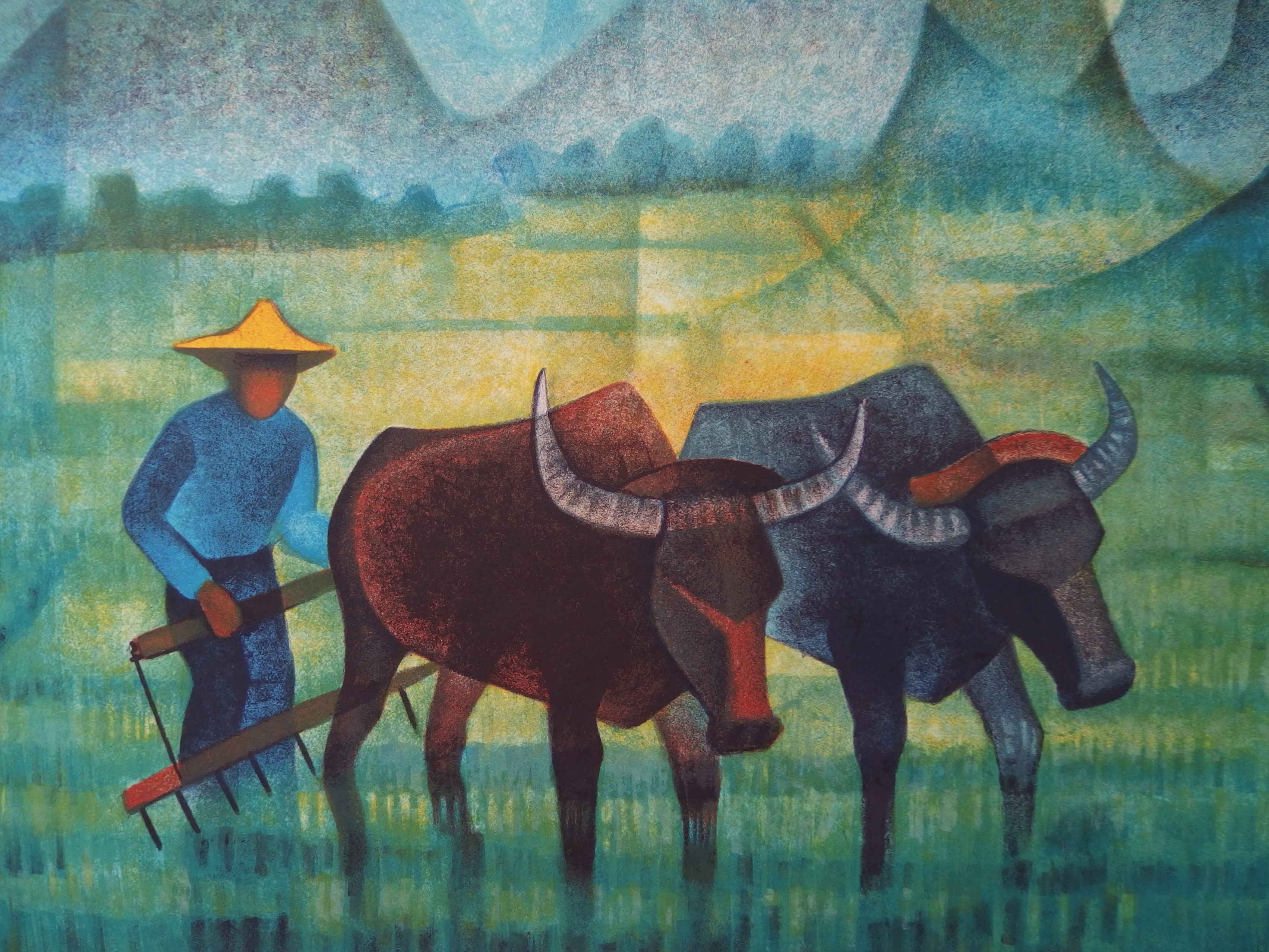 Louis TOFFOLI - Buffalos in a rice field, original signed lithograph ...