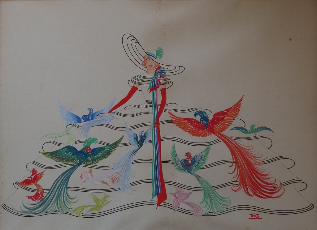 ZIG : Mistinguett Costume aux oiseaux, Aquarelle originale -Signée, c ...