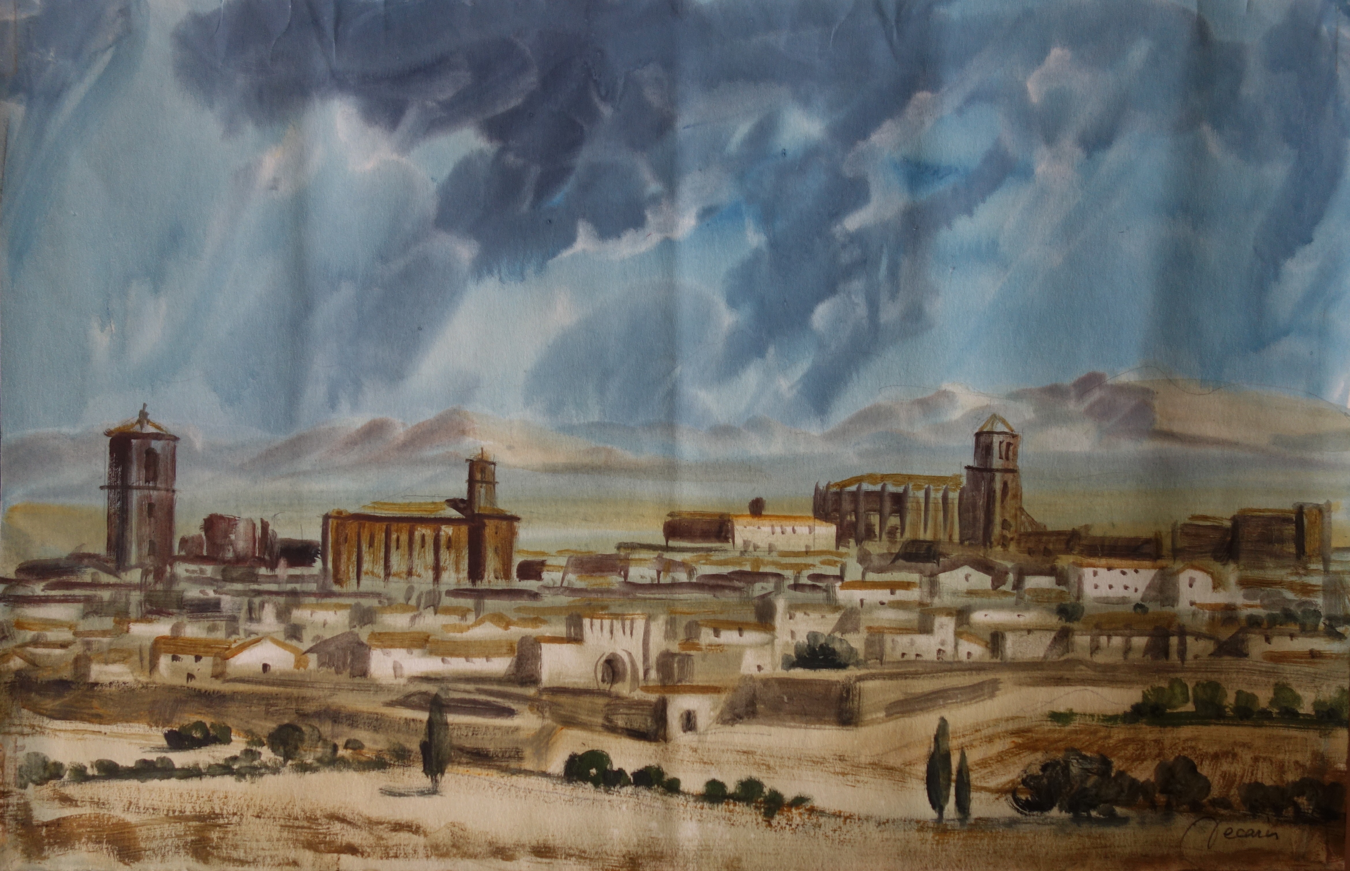 Albert DECARIS - Vue de Vérone au crépuscule - Aquarelle originale ...