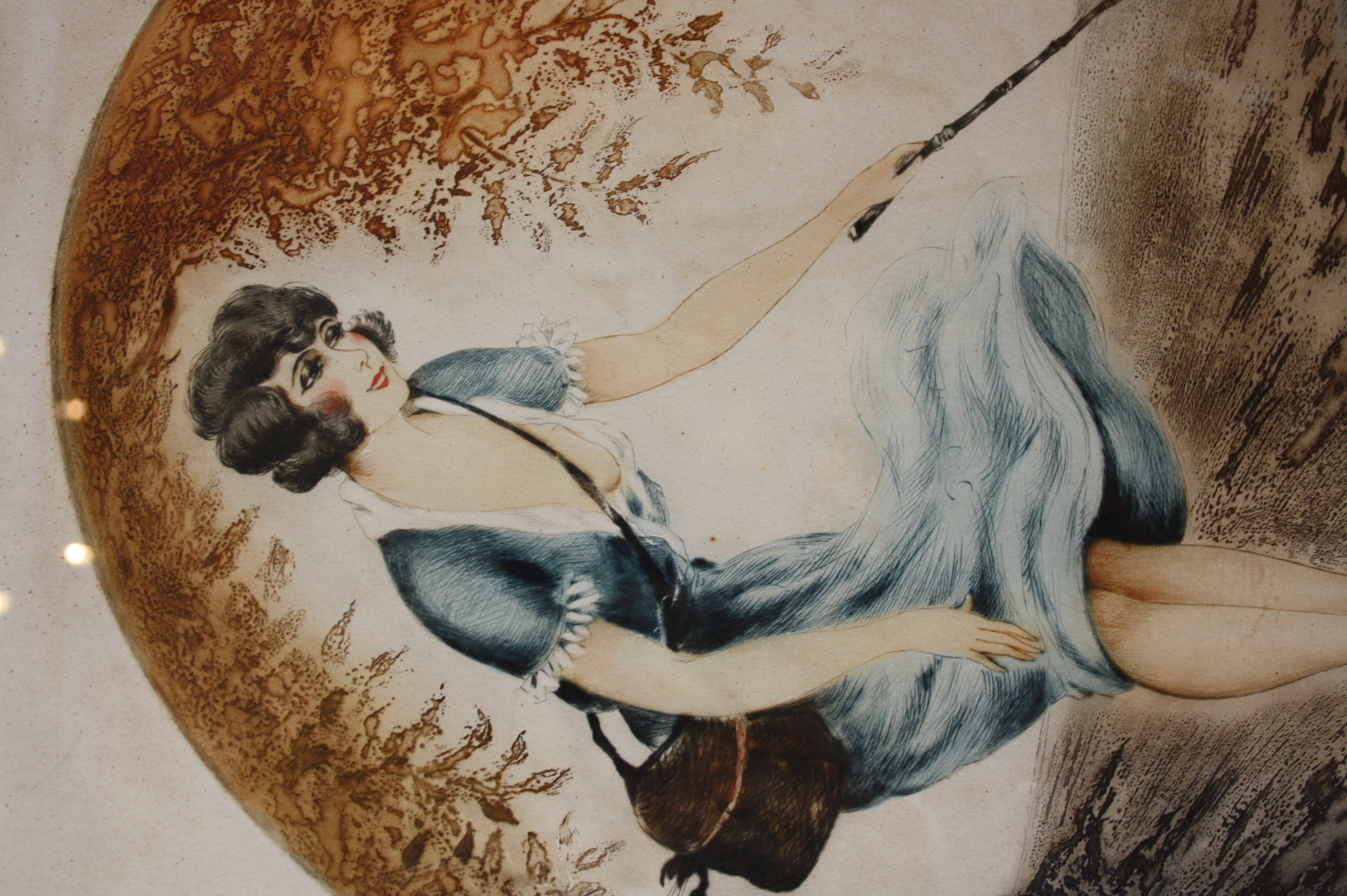 Maurice Barle, " élégante à la pêche ", gravure 1925 gouachée signée ...