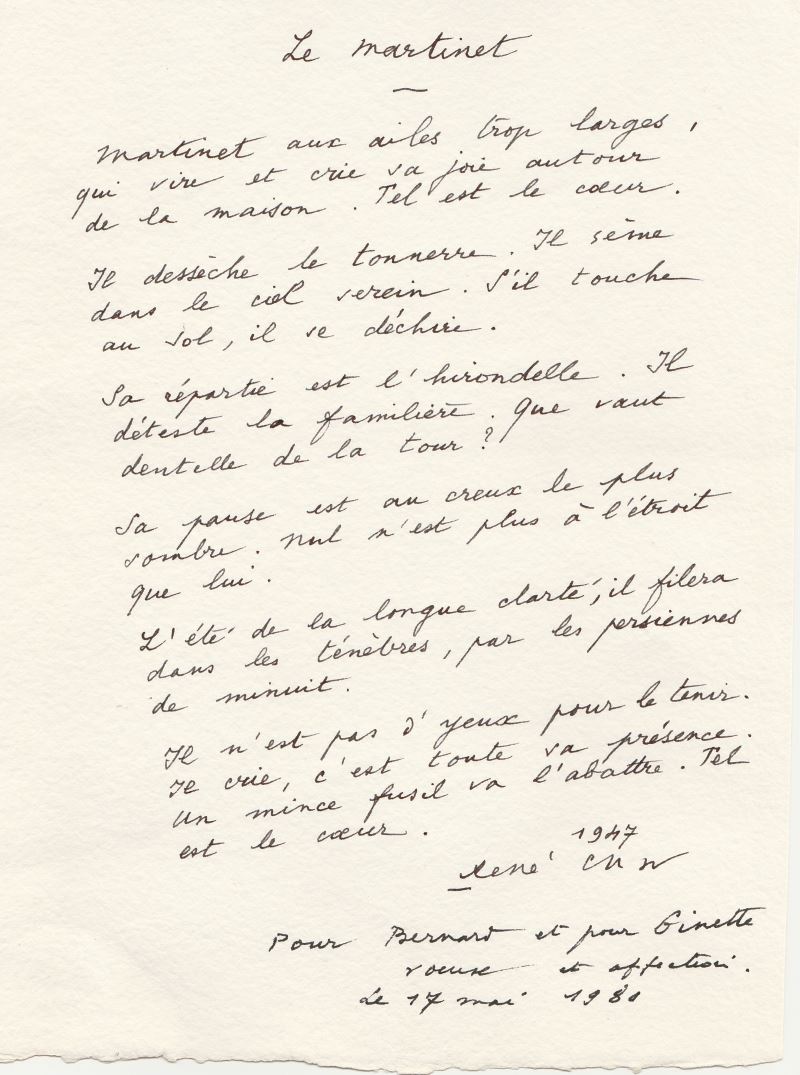 René CHAR - poème autographe signé Le Martinet - Livres, Autographes ...