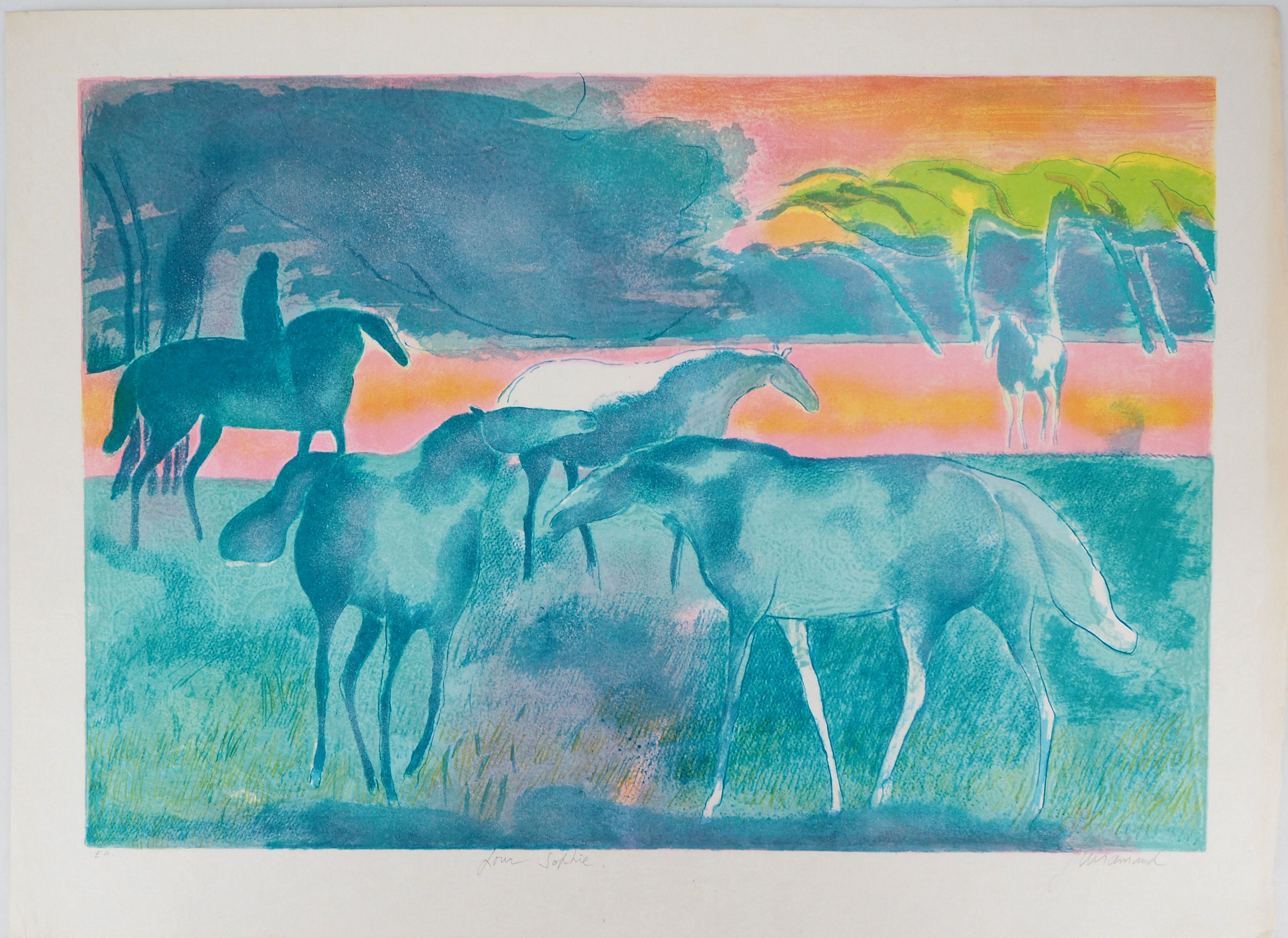Paul GUIRAMAND : Les chevaux au coucher de soleil - Lithographie Originale Signée - Art Moderne ...