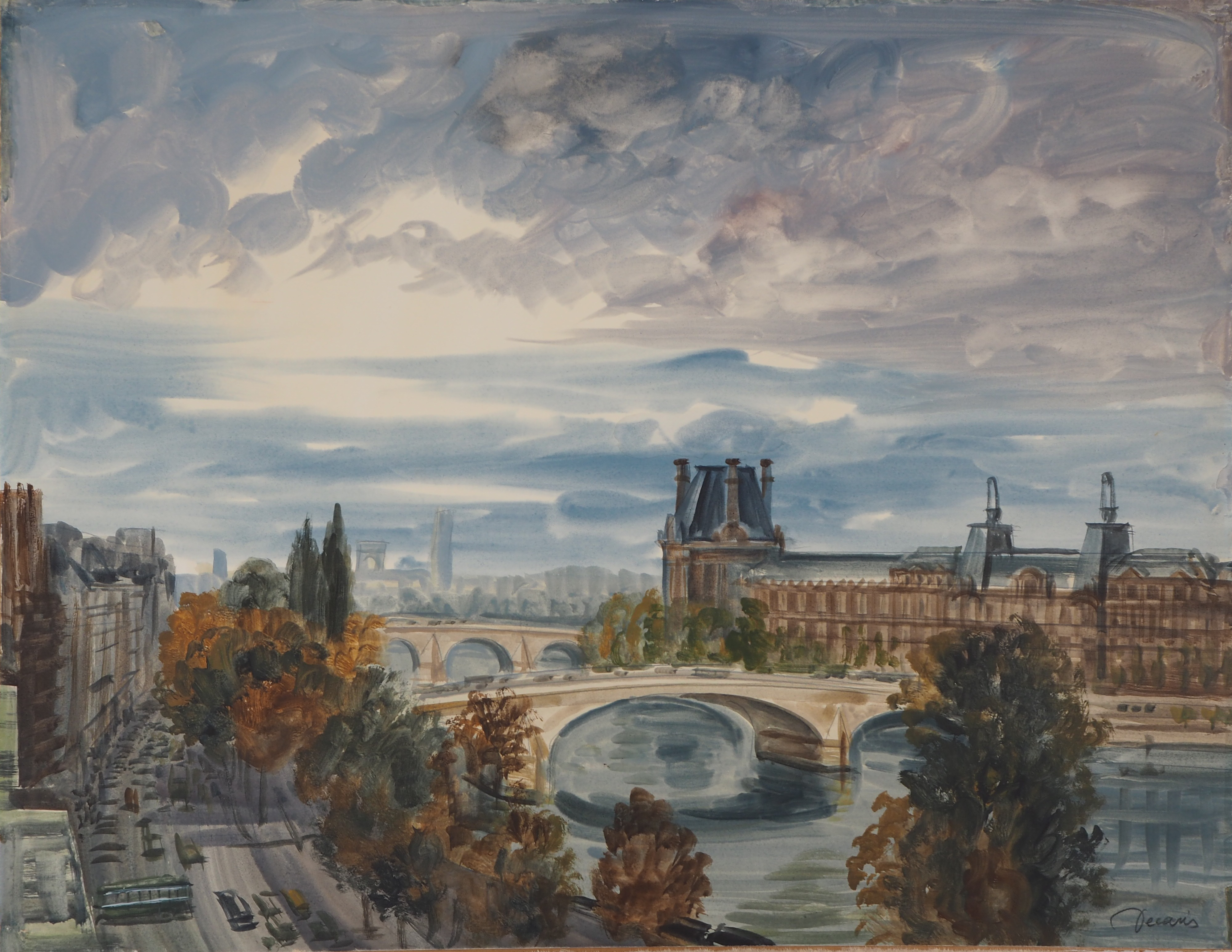Albert DECARIS : Le Louvre vu des quais de la Seine - Aquarelle ...
