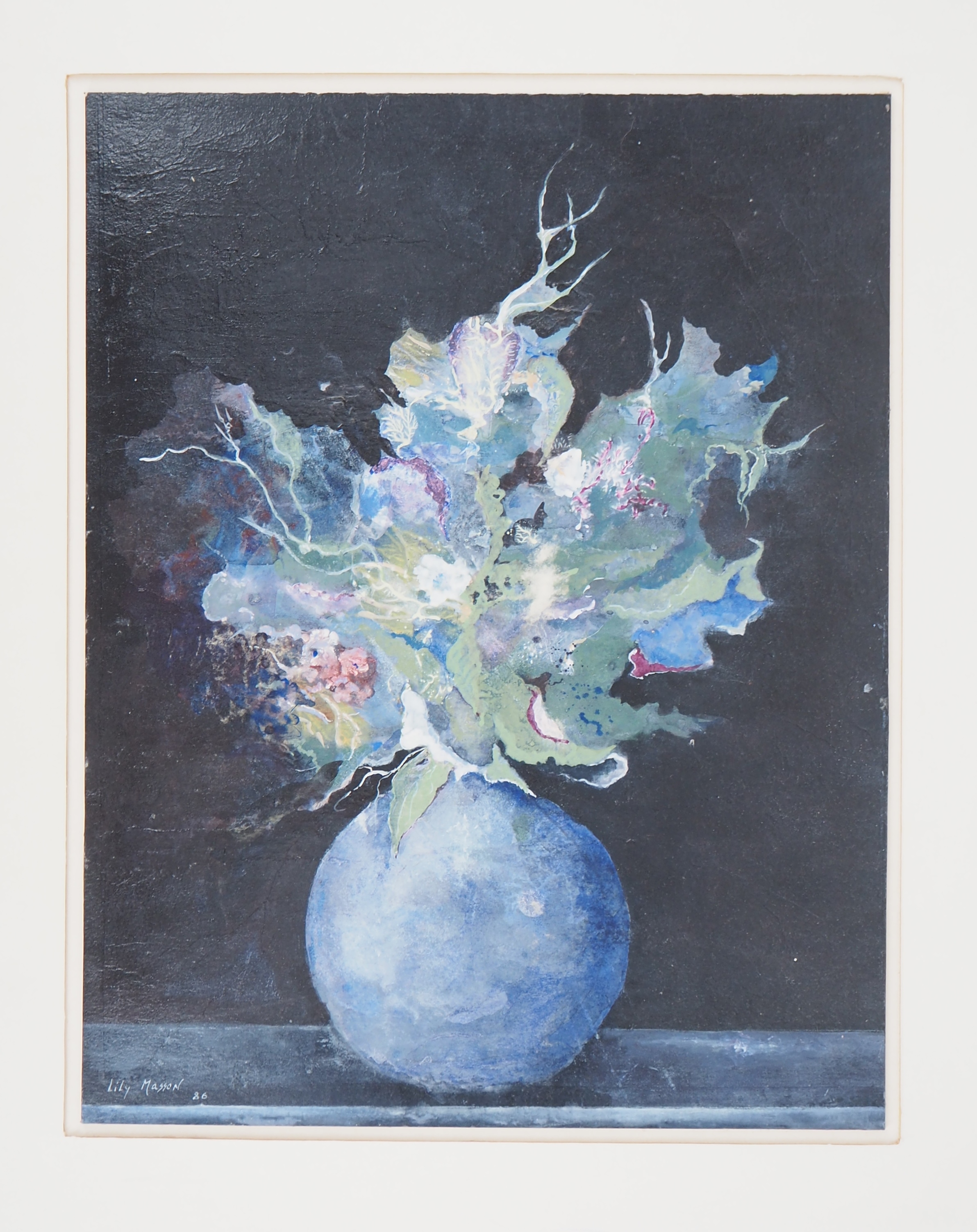 Lily MASSON : Vase et bouquet bleu, 1986 - Tempéra originale signée ...