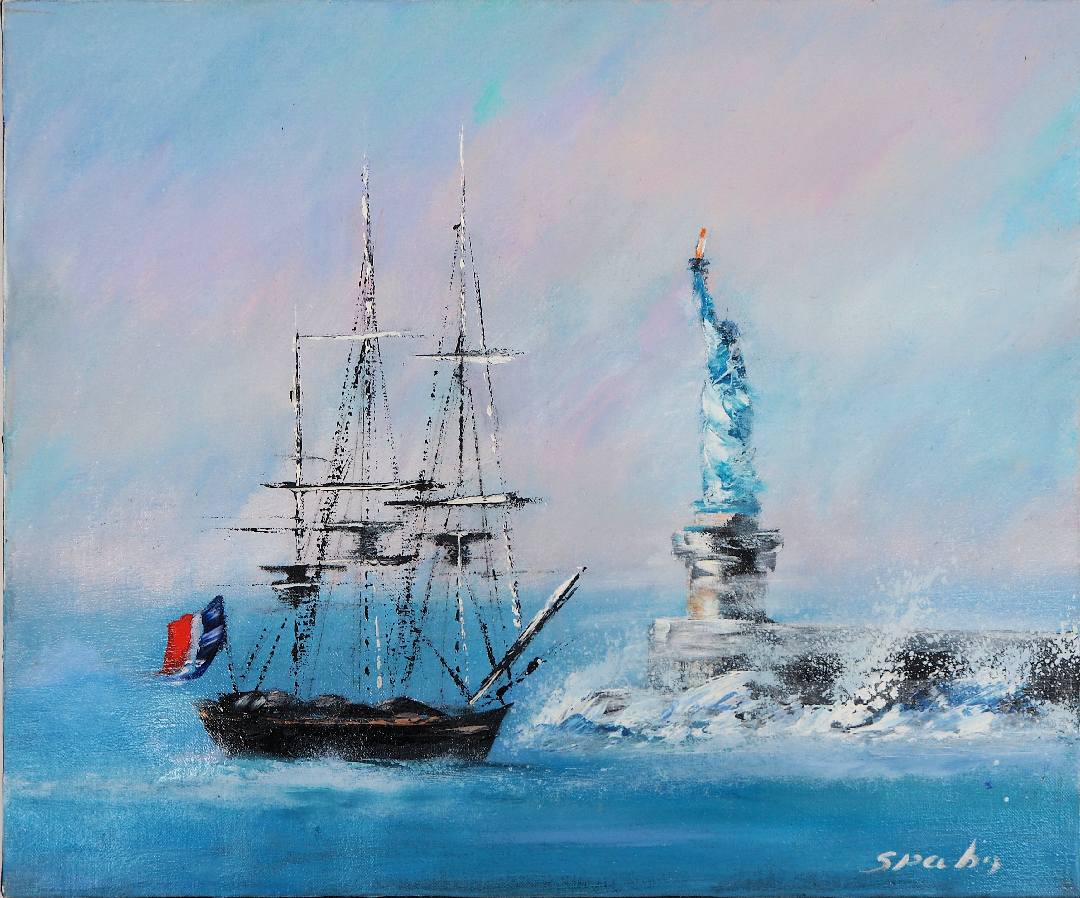 Victor SPAHN: Sailboat and Statue of Liberty - Oil on canvas signed ...