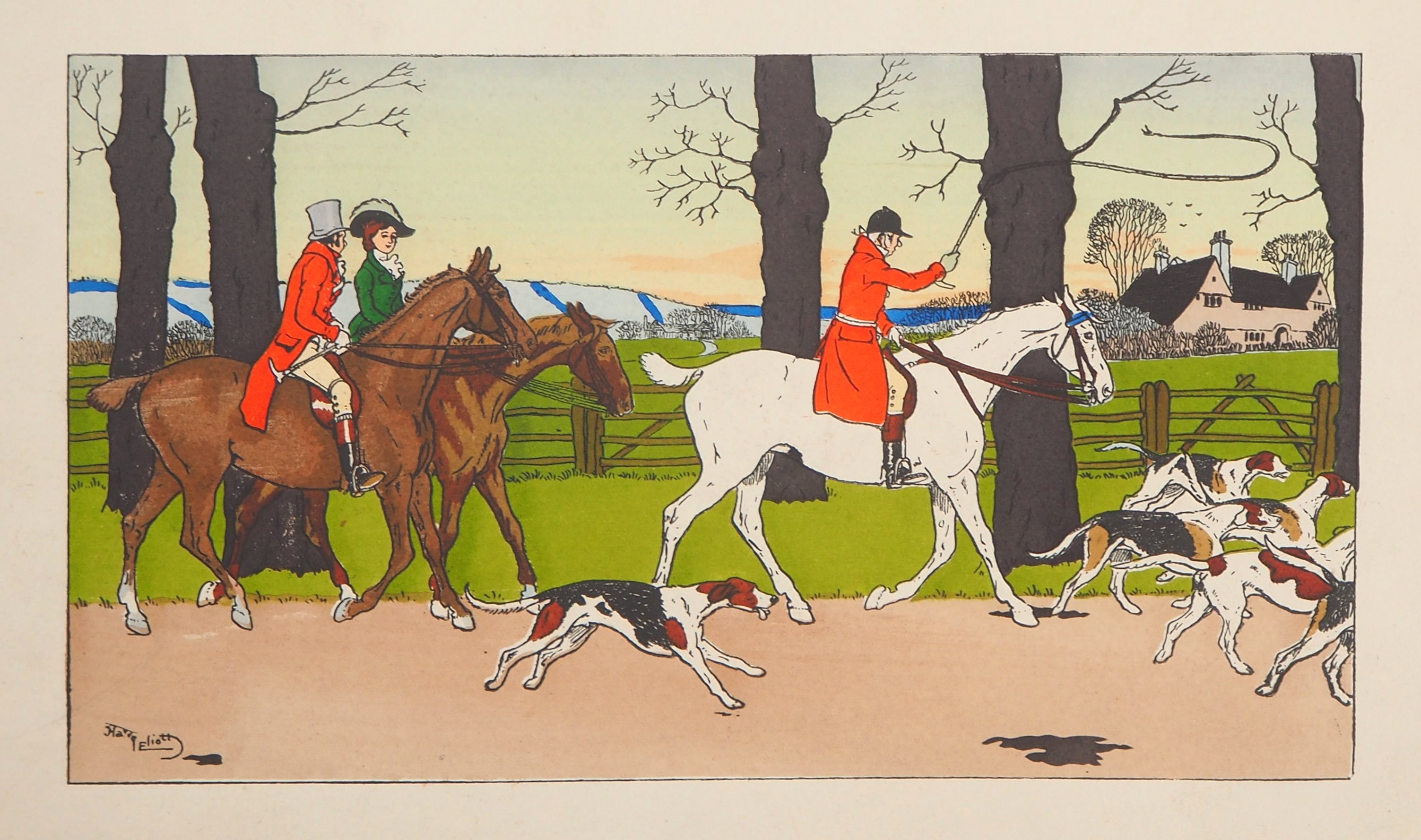 Harry ELIOTT : Scène de chasse à courre - Pochoir originale signée ...