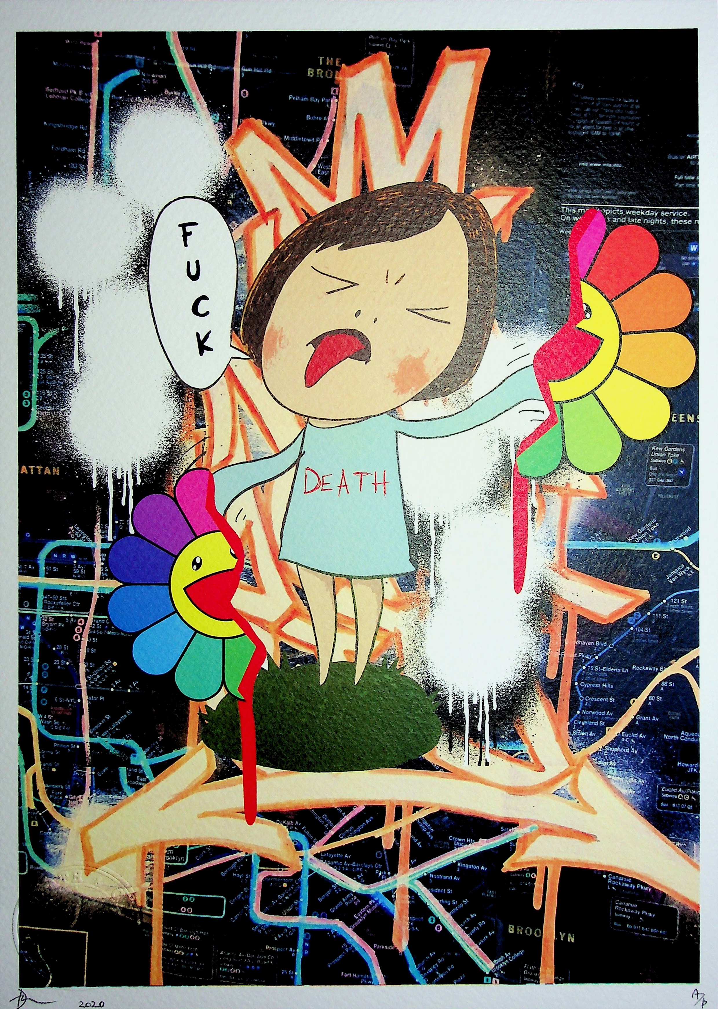 Death NYC - Nara broke Murakami flower - Sérigraphie originale signée ...