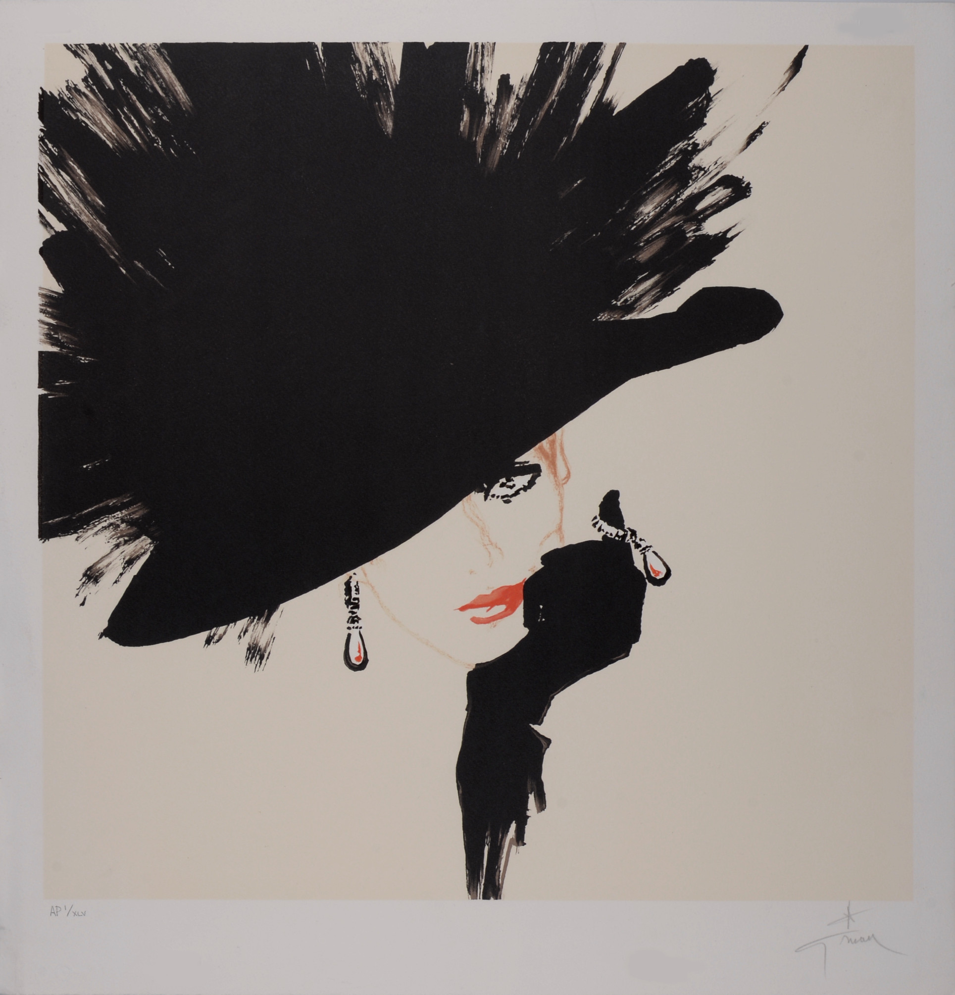 René GRUAU - Femme au chapeau noir, 1988 - Lithographie originale ...