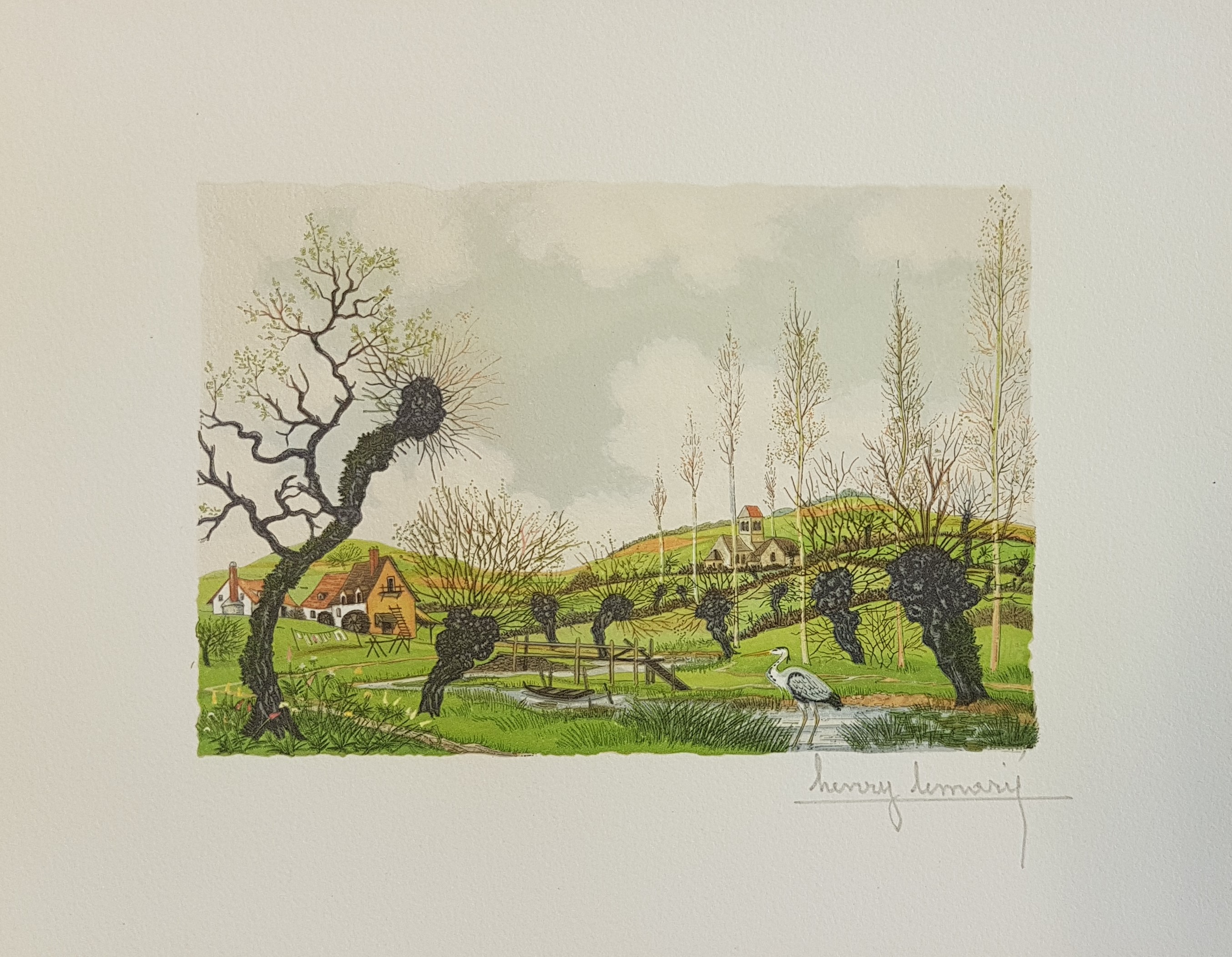 Henry LEMARIE - Le héron - Gravure sur bois signée au crayon - Art ...