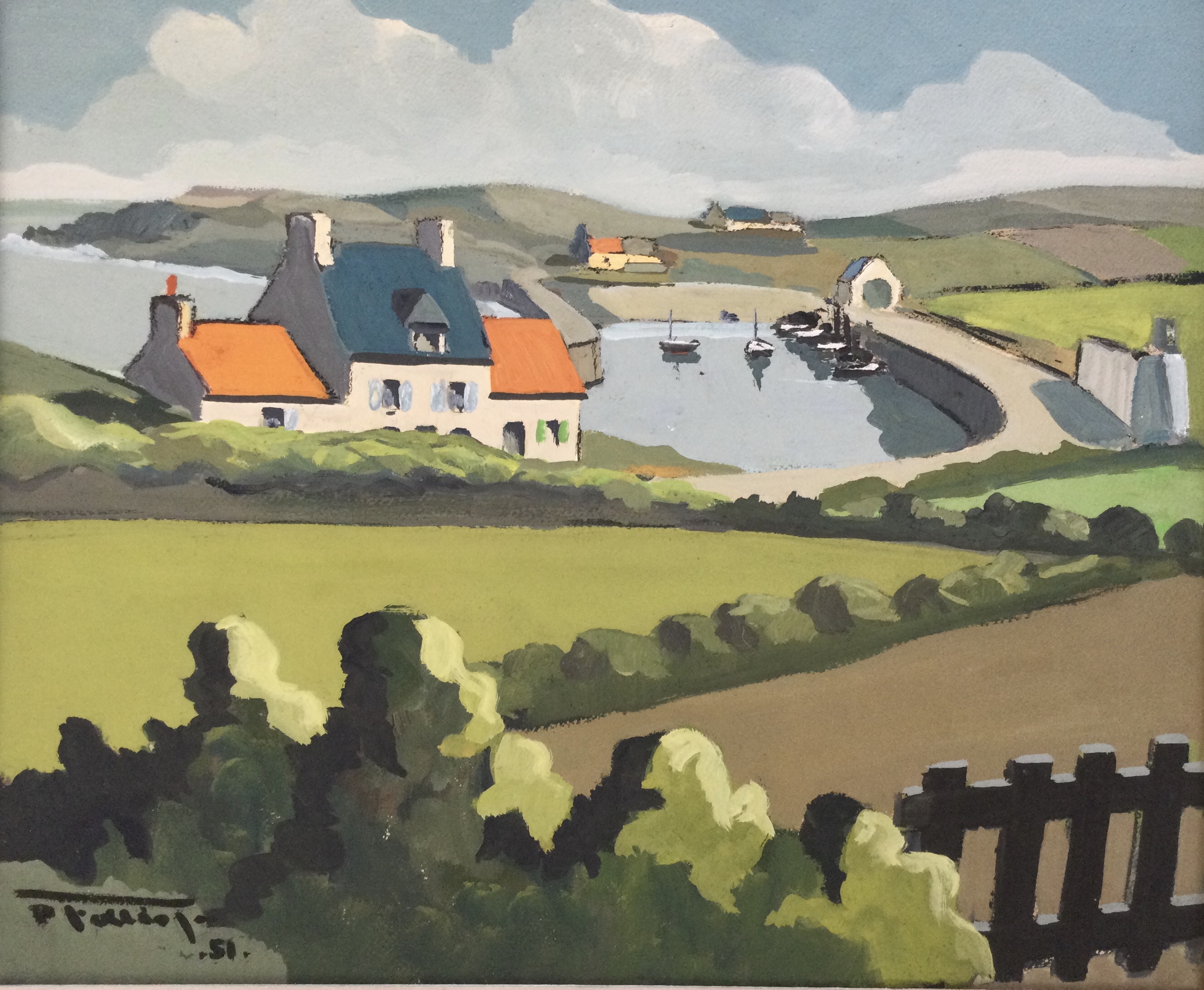 Pierre FOLLIOT - Petit port du Cotentin,1951 - Gouache signée | Barnebys