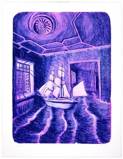 Morten SHELDE - Nightship - Lithographie originale signée au crayon ...