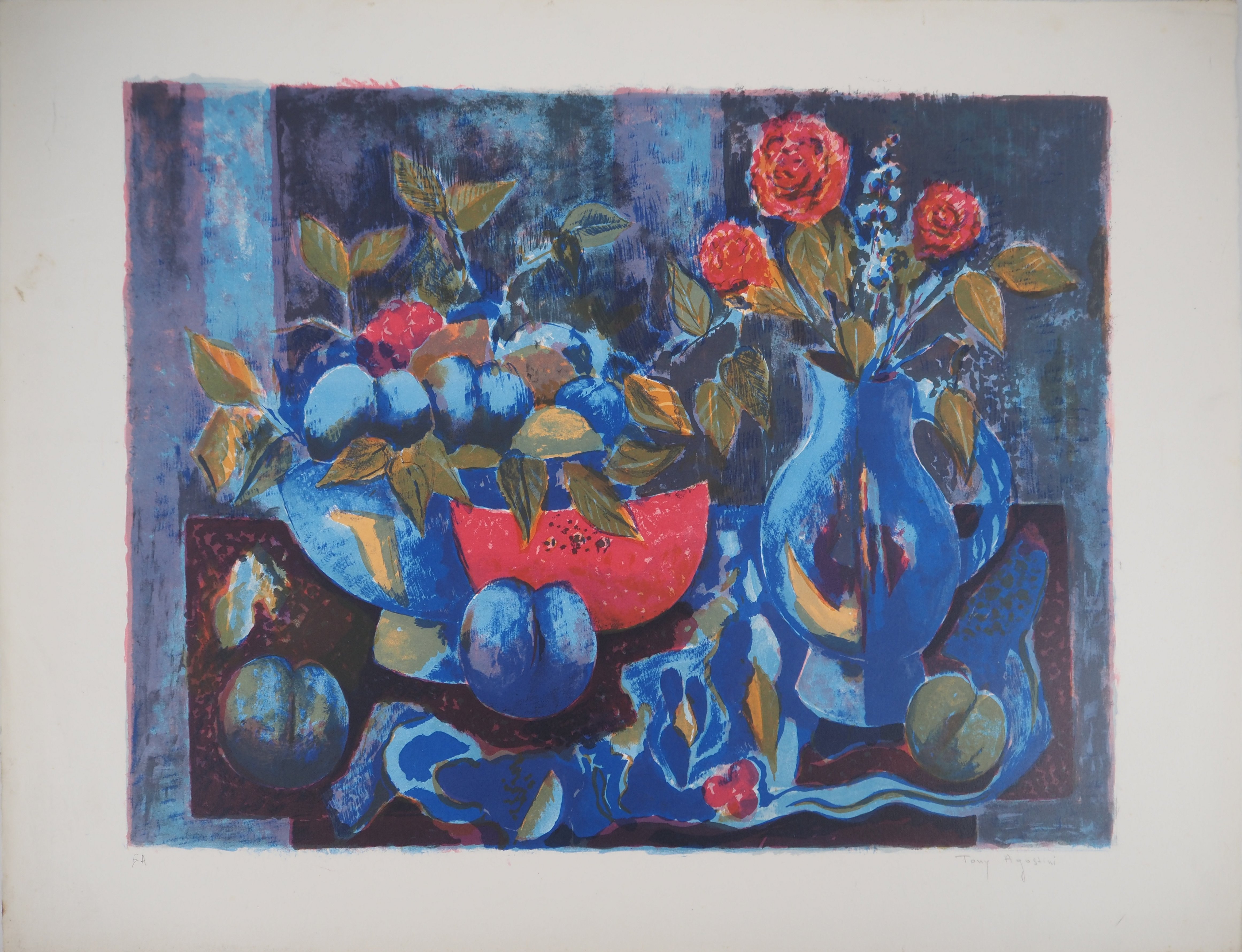 Tony AGOSTINI - The blue table - Original signed lithograph - Post War ...